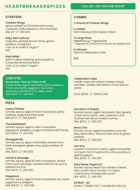 Heartbreakers Pizza menu in Ottawa, Ontario, Canada