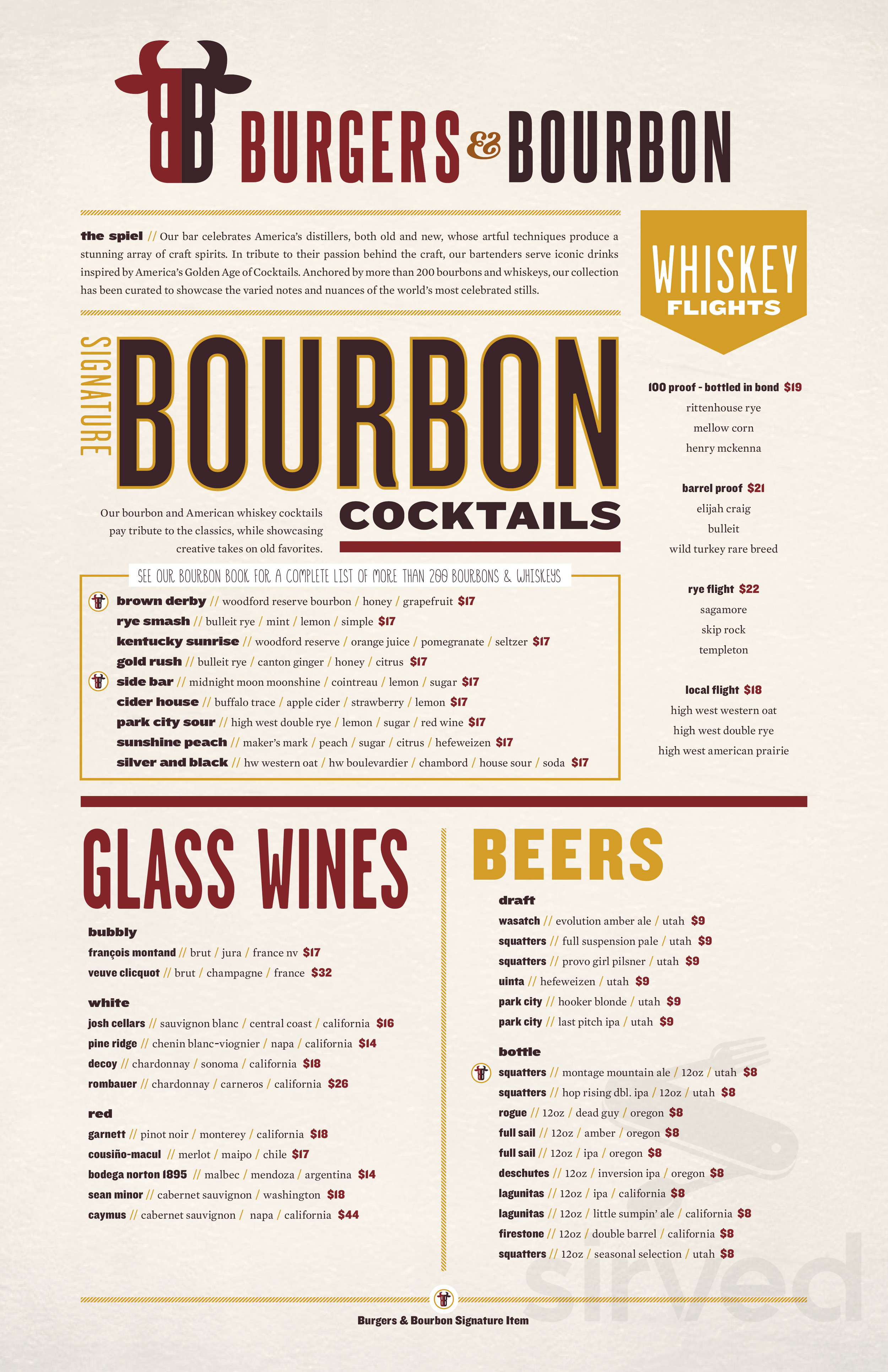 Menu for Burgers & Bourbon in Park City, UT | Sirved
