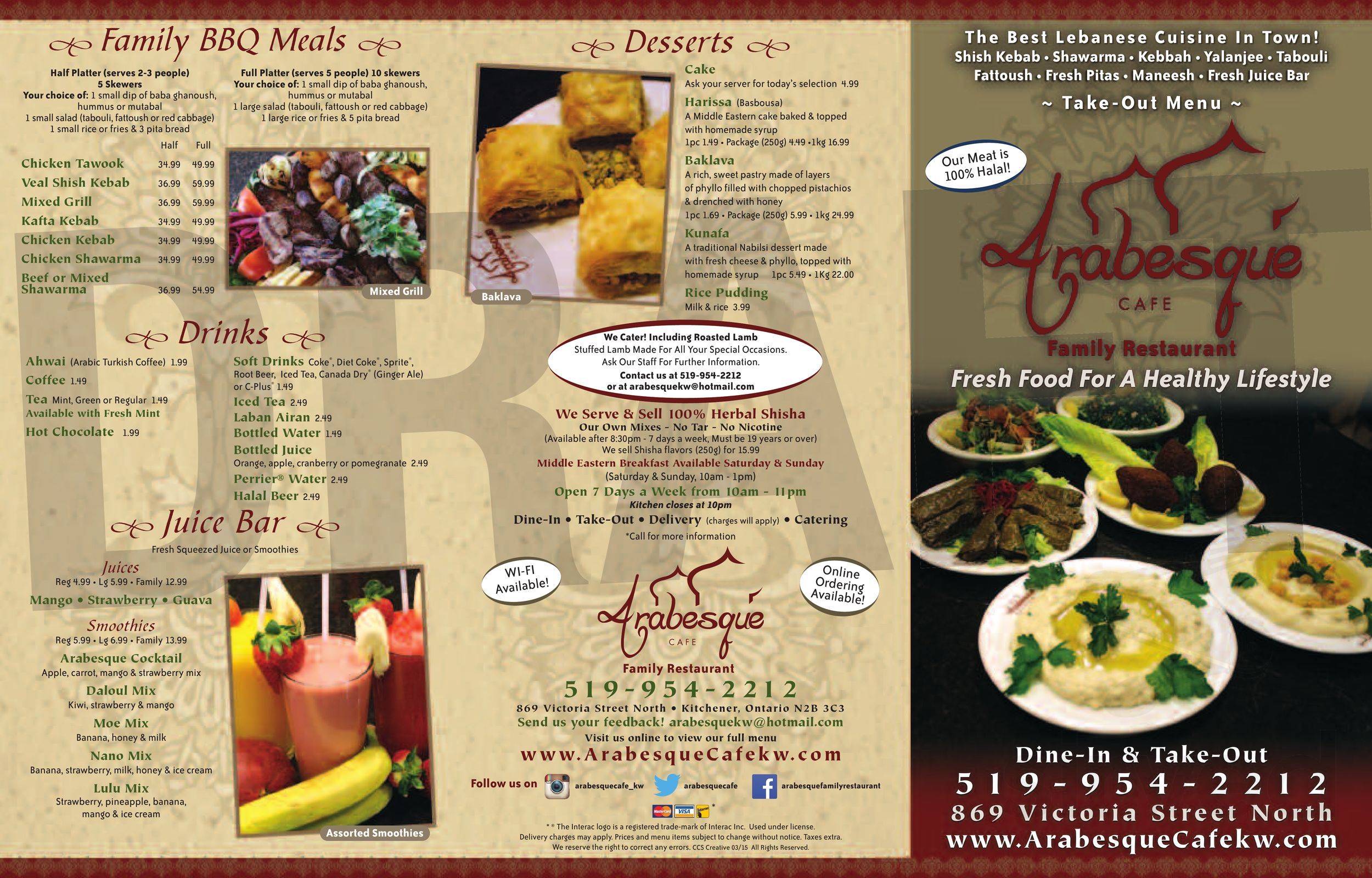 Arabesque Family Restaurant menu in Kitchener, Ontario, Canada