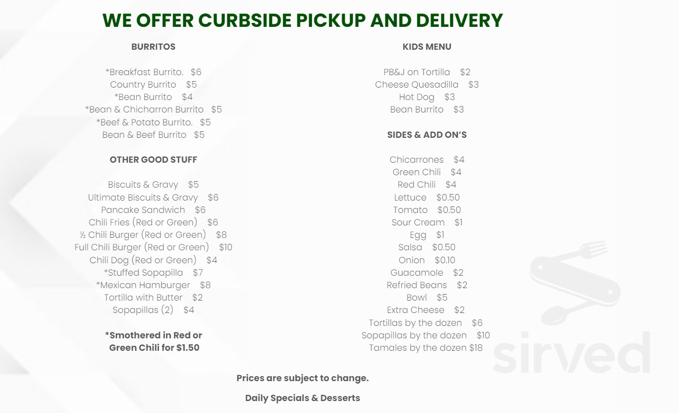 The Coal Stove menu in Jansen, Colorado, USA