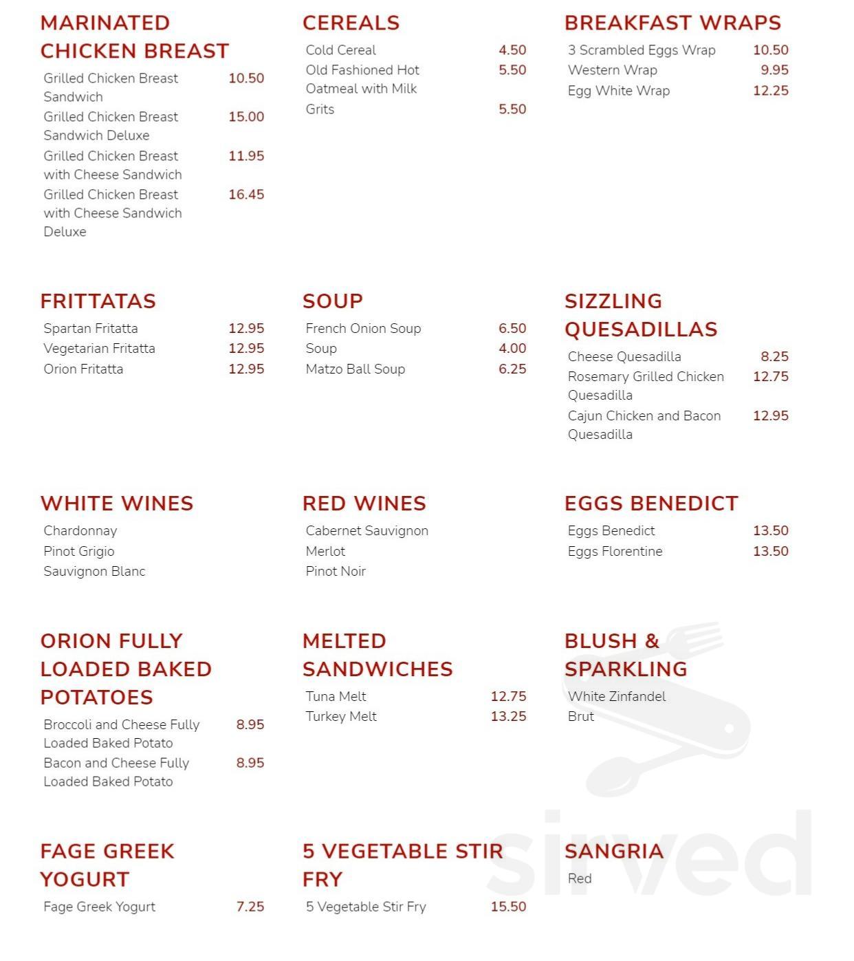 Orion Diner & Grill menu in New York, New York, USA