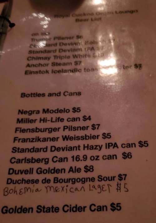 The Royal Cuckoo menu in San Francisco, California, USA