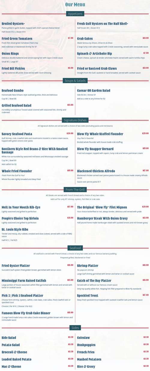 Blow Fly Bar & Grill menu in Gulfport, Mississippi, USA