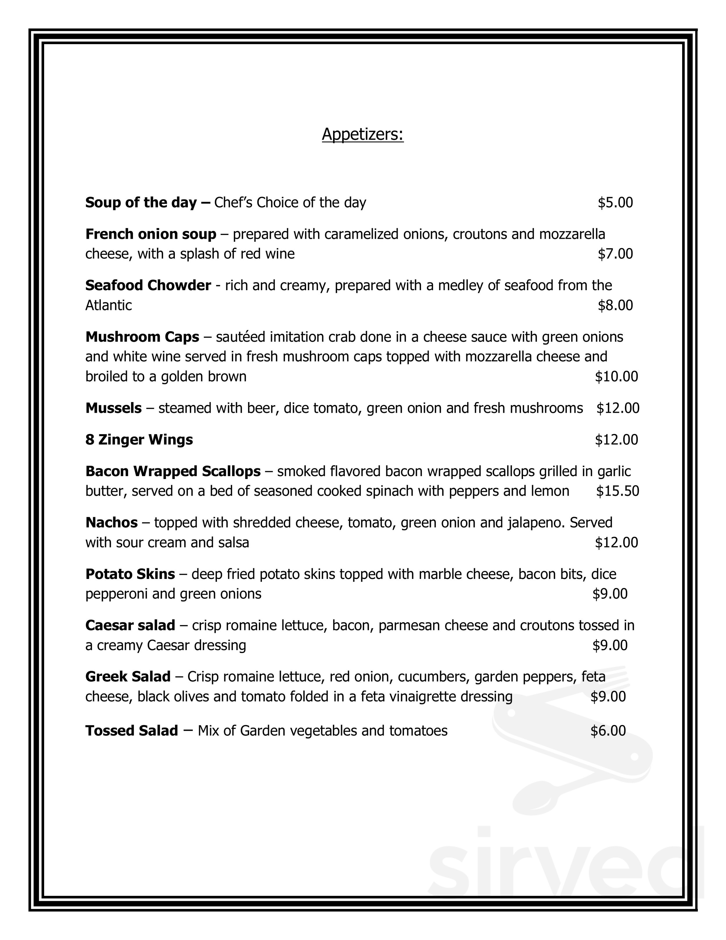 Alcock and Browns Eatery menu in Gander, Newfoundland and Labrador, Canada
