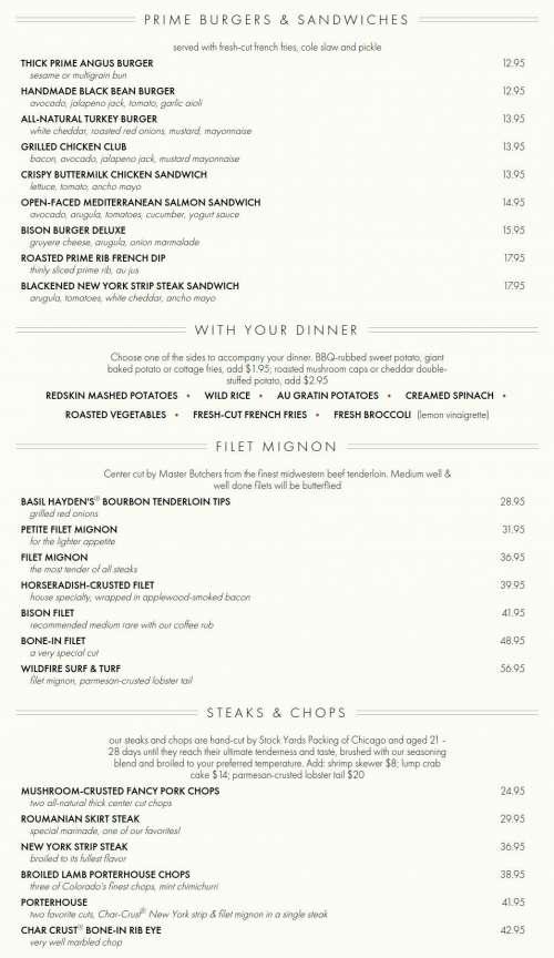 Wildfire menu in Oak Brook, Illinois, USA