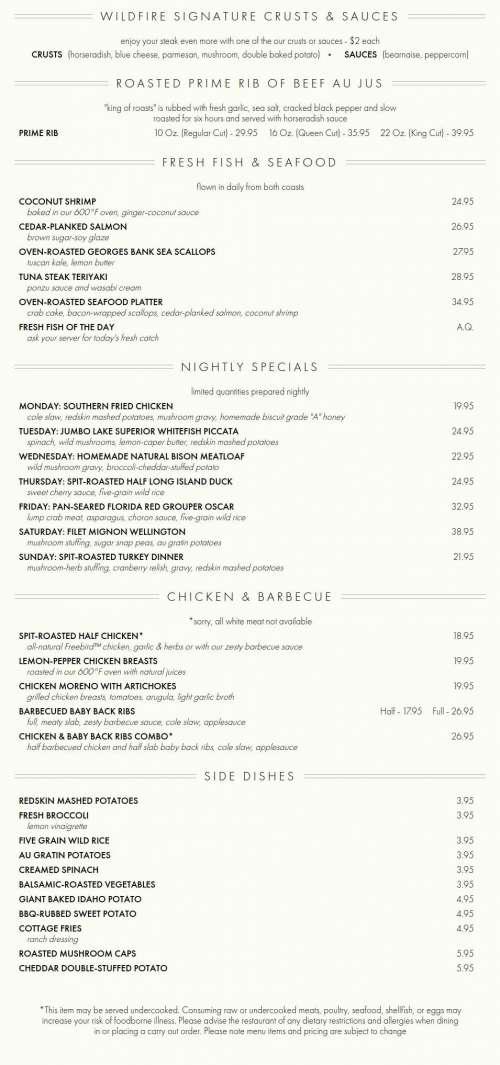 Wildfire menu in Oak Brook, Illinois, USA