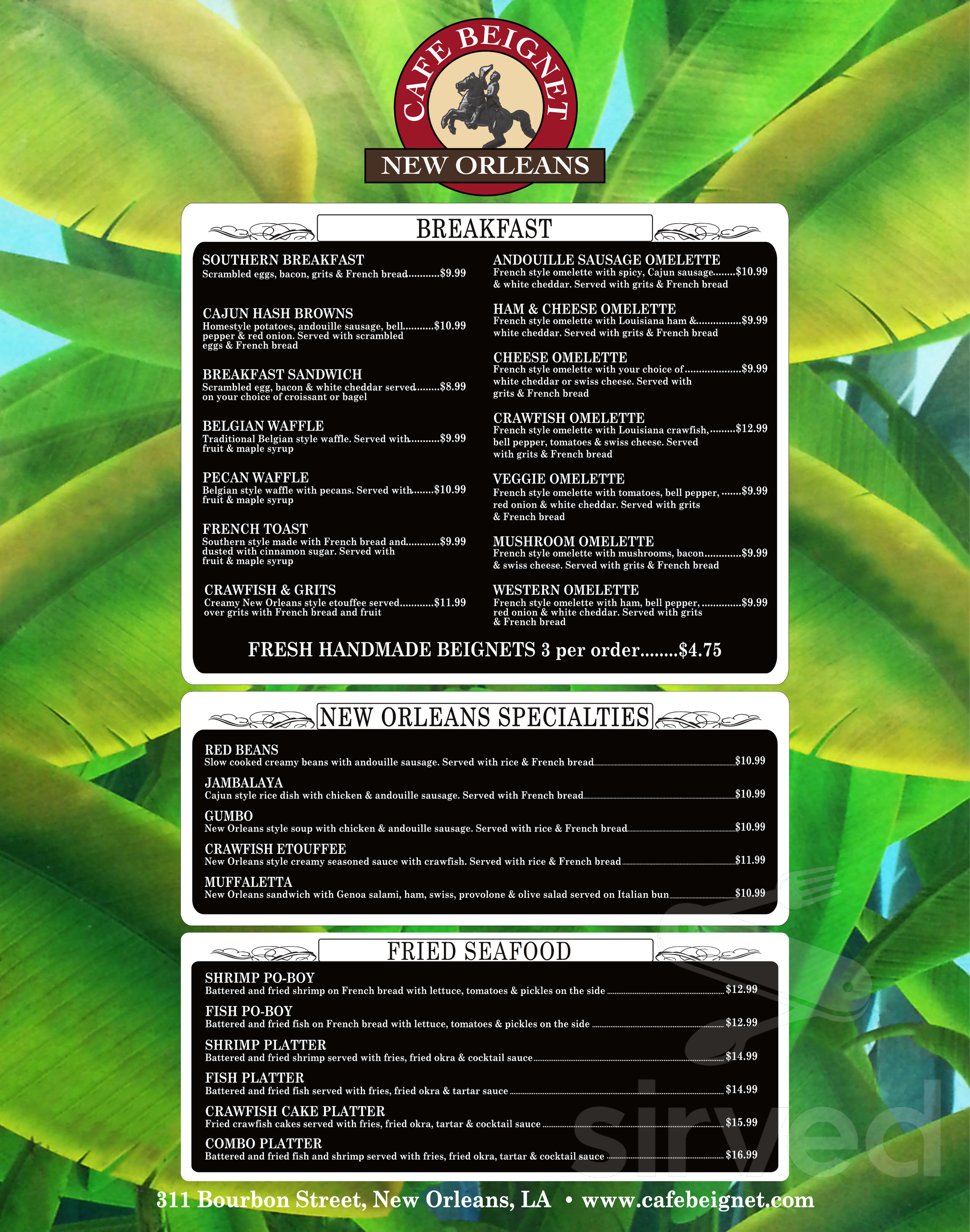 Cafe Beignet, Bourbon Street menu in New Orleans, Louisiana, USA