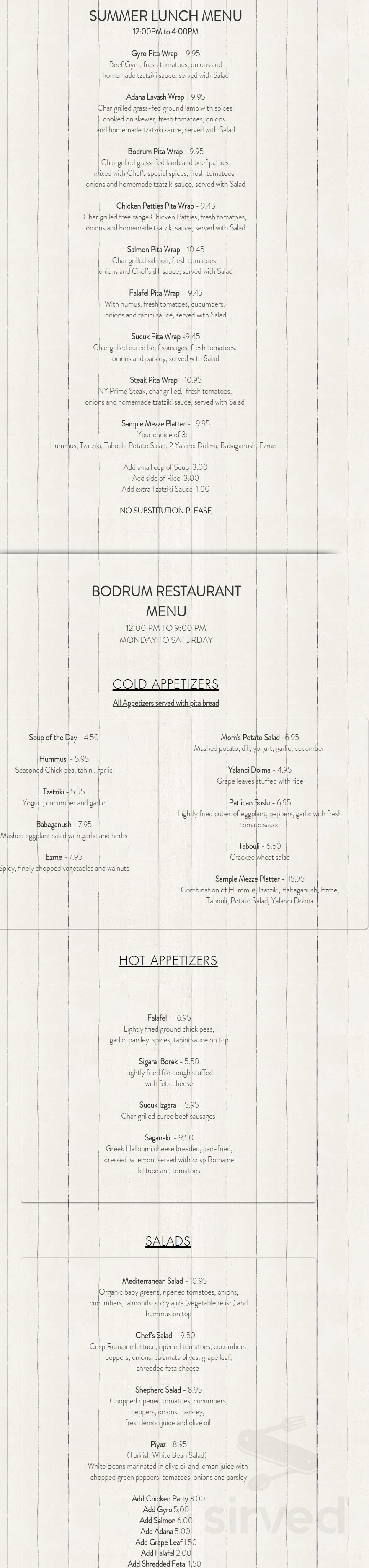 Bodrum Restaurant menu in Venice, Florida, USA