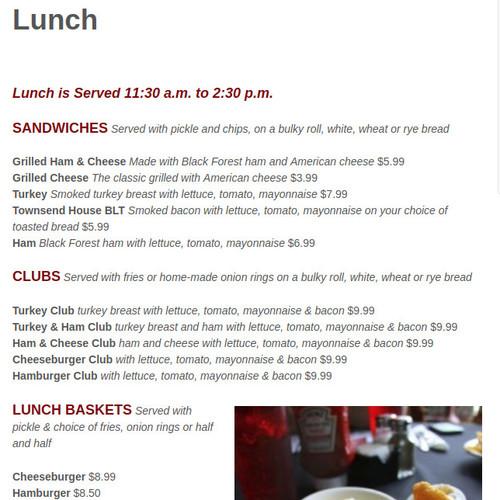 Townsend House menu in Townsend, Massachusetts, USA