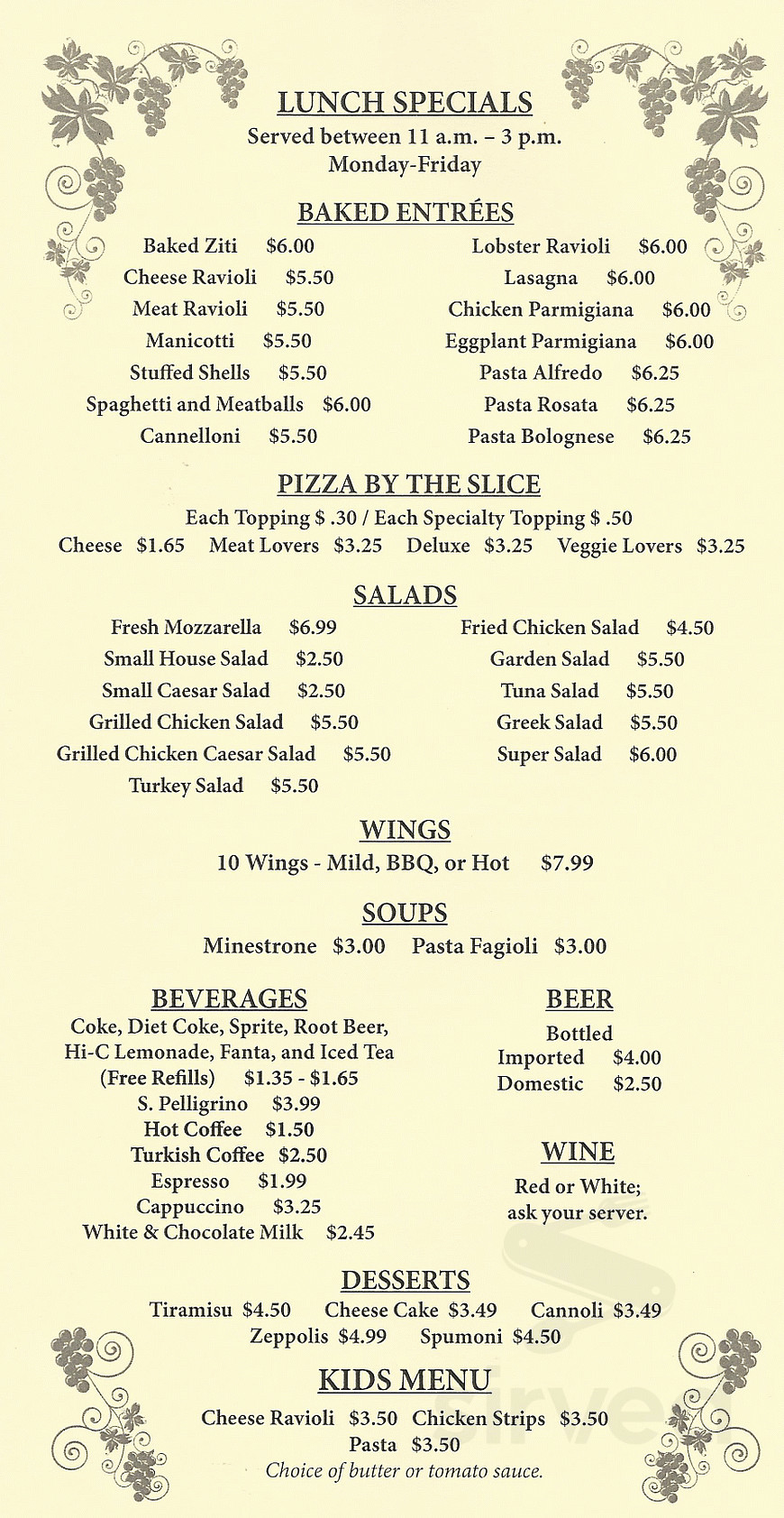 Jonis Pizza Italian Restaurant Menu