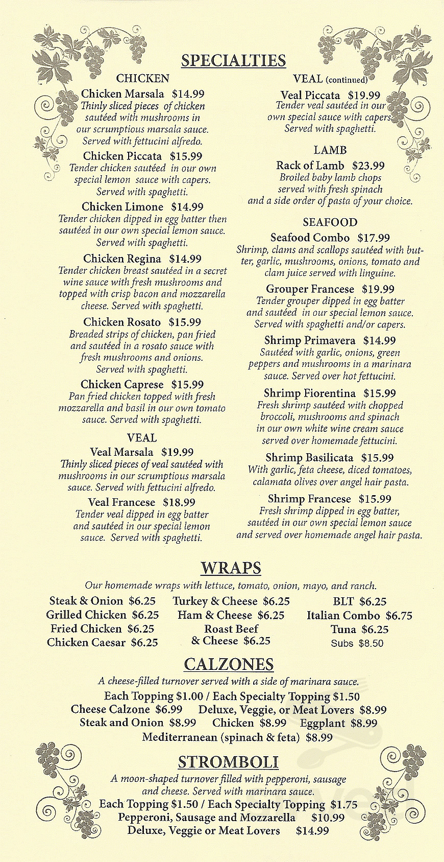 Jonis Pizza Italian Restaurant Menu