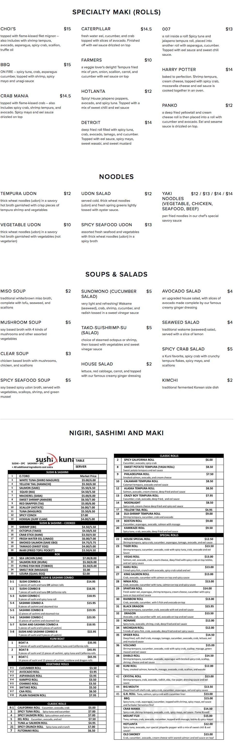 Sushi Kuni menu in Grand Rapids, Michigan, USA