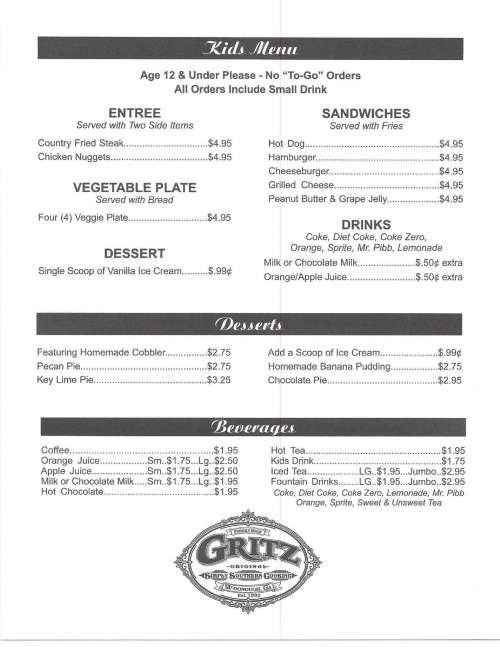GRITZ Family Restaurant menu in McDonough, Georgia, USA