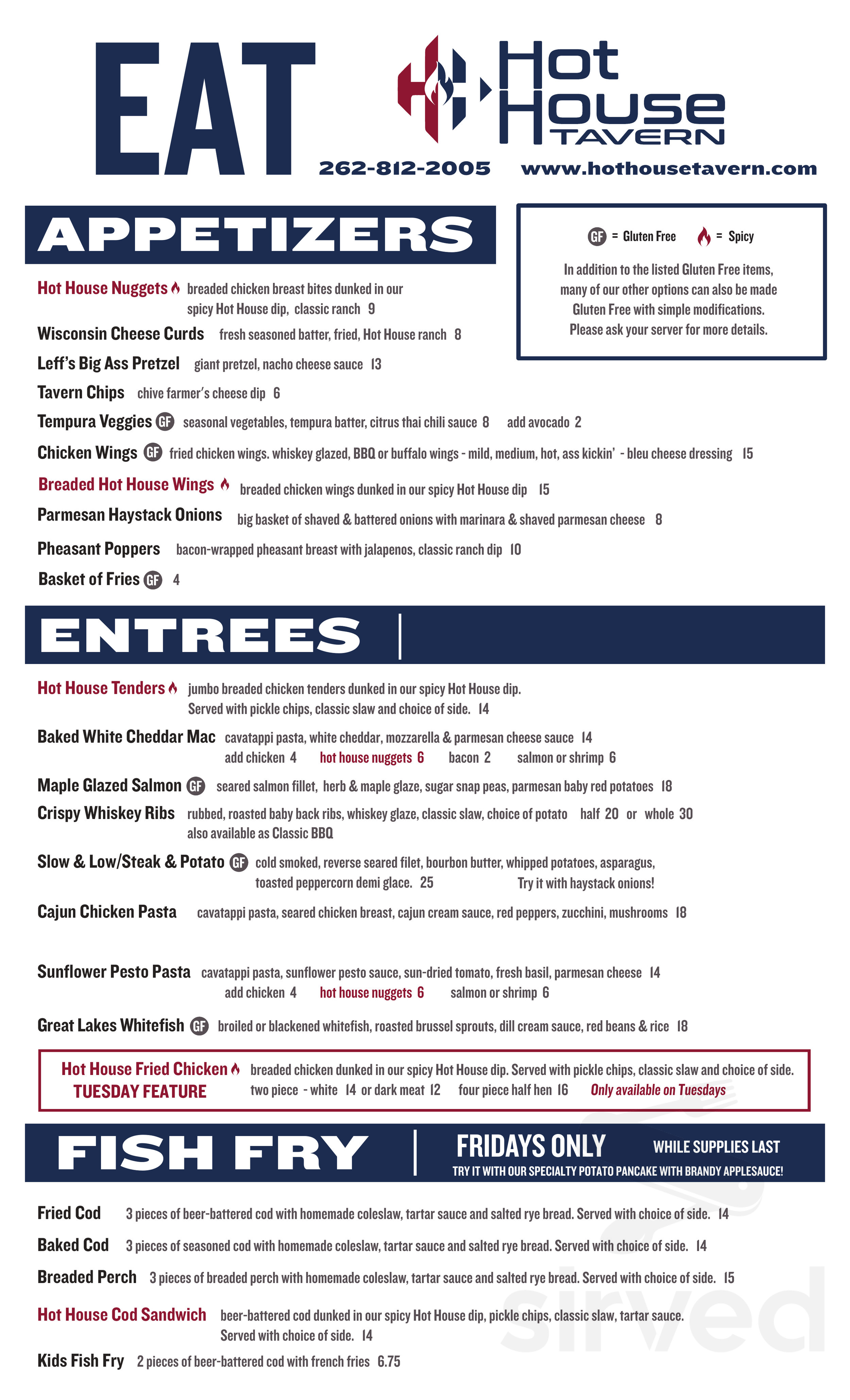 The Hot House Tavern menu in Menomonee Falls, Wisconsin, USA