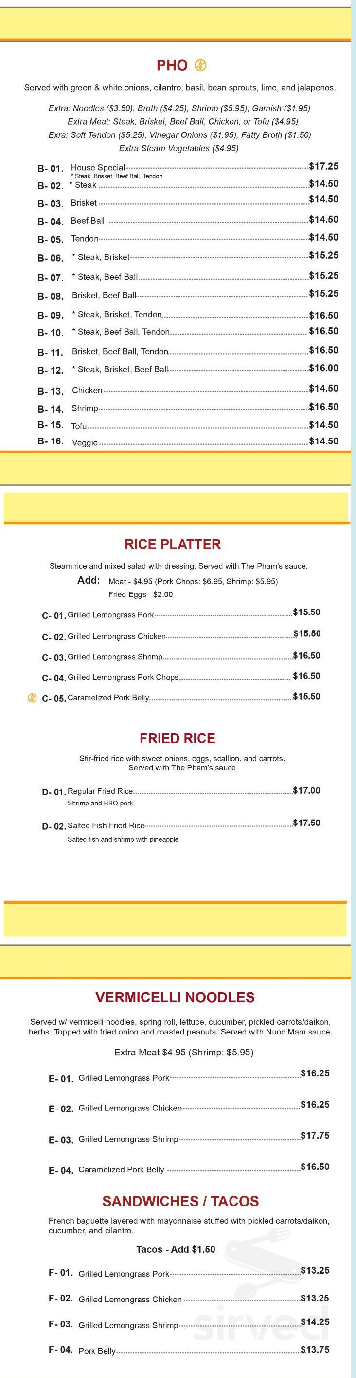 The Pham menu in Frederick, Maryland, USA