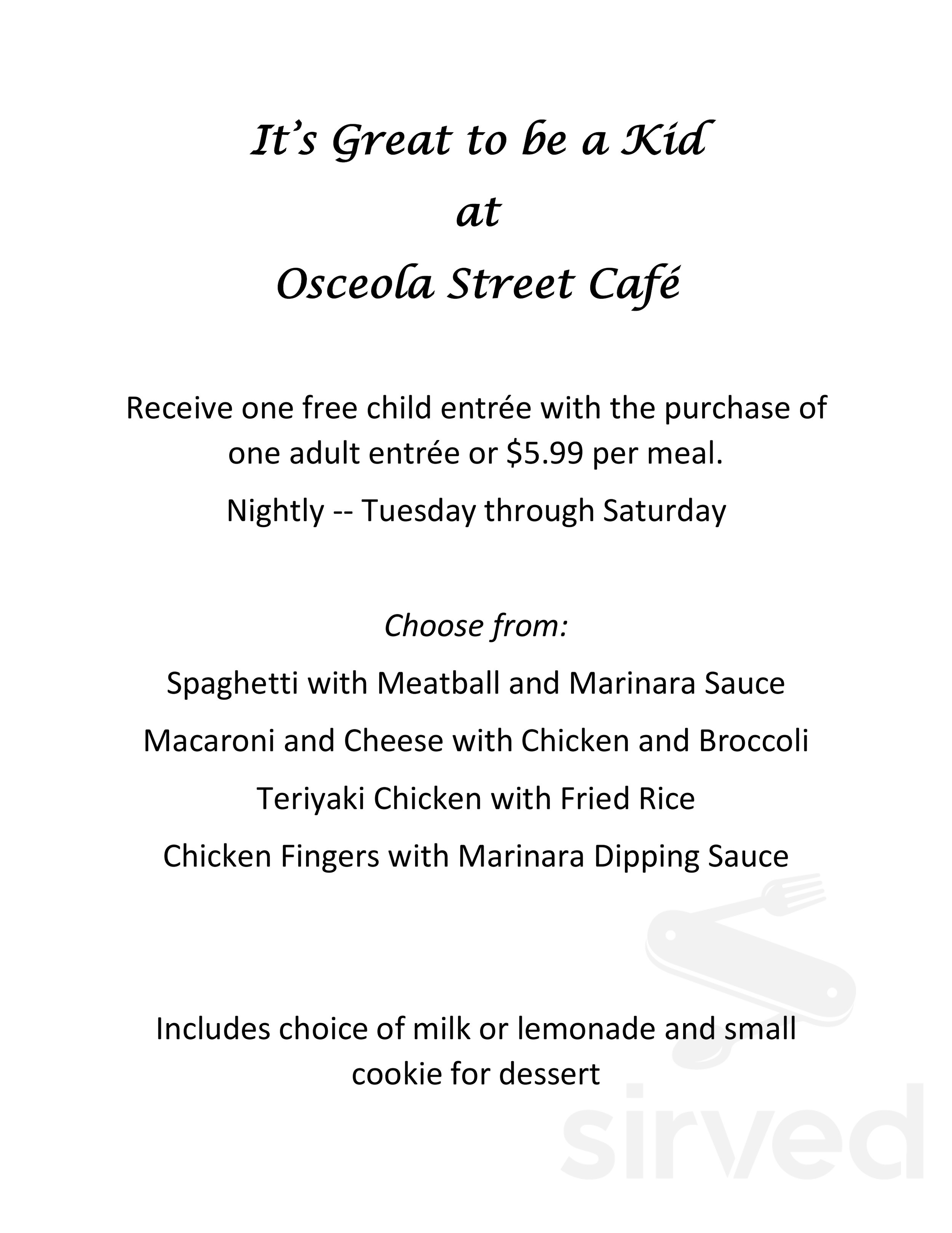 Osceola Street Cafe menu in Stuart, Florida, USA