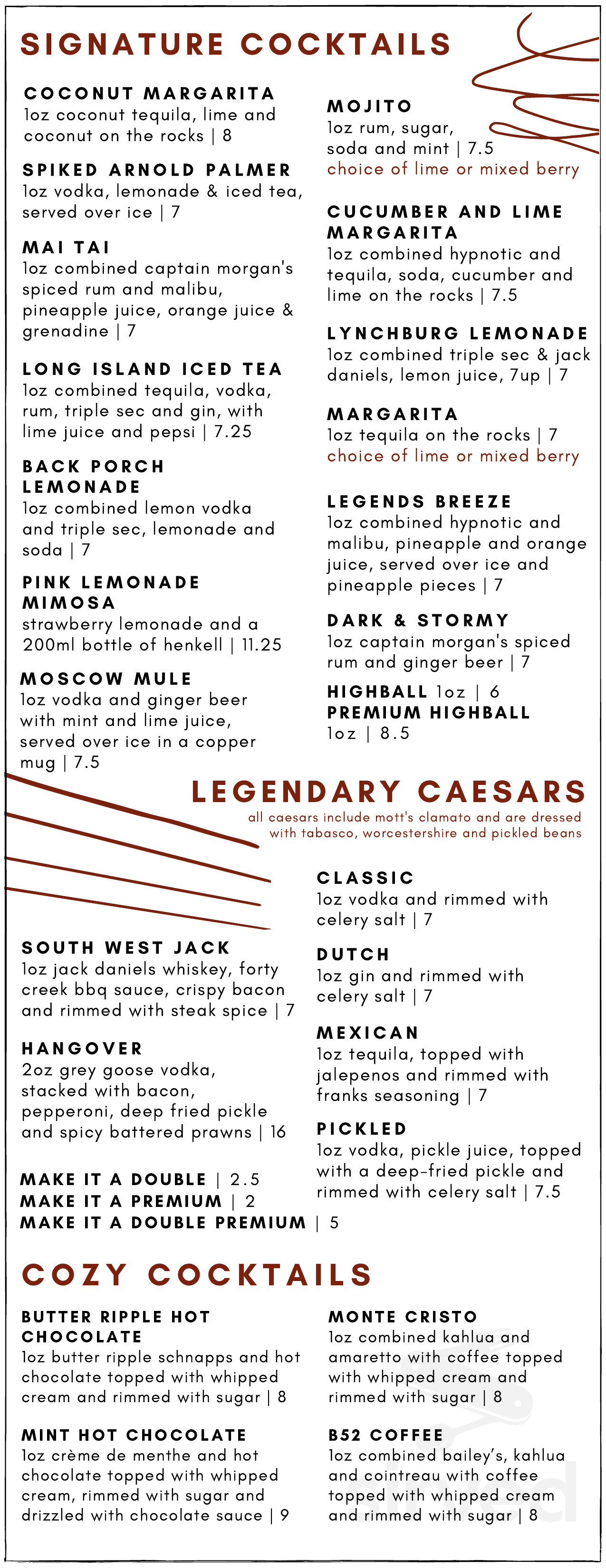 Legends Bistro menu in Cultus Lake, British Columbia, Canada