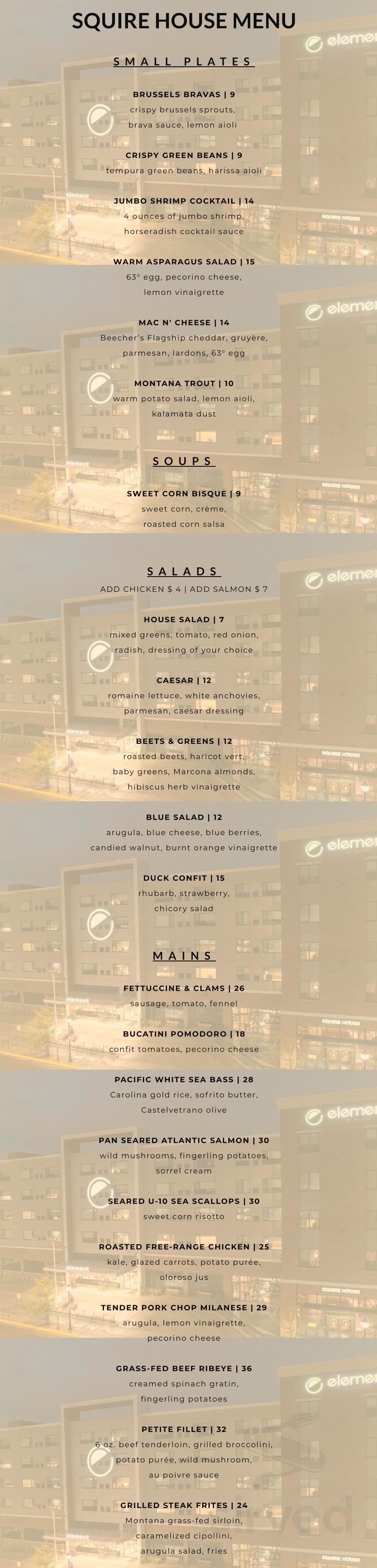 Menu - Bozeman MT's Squire House | Sirved