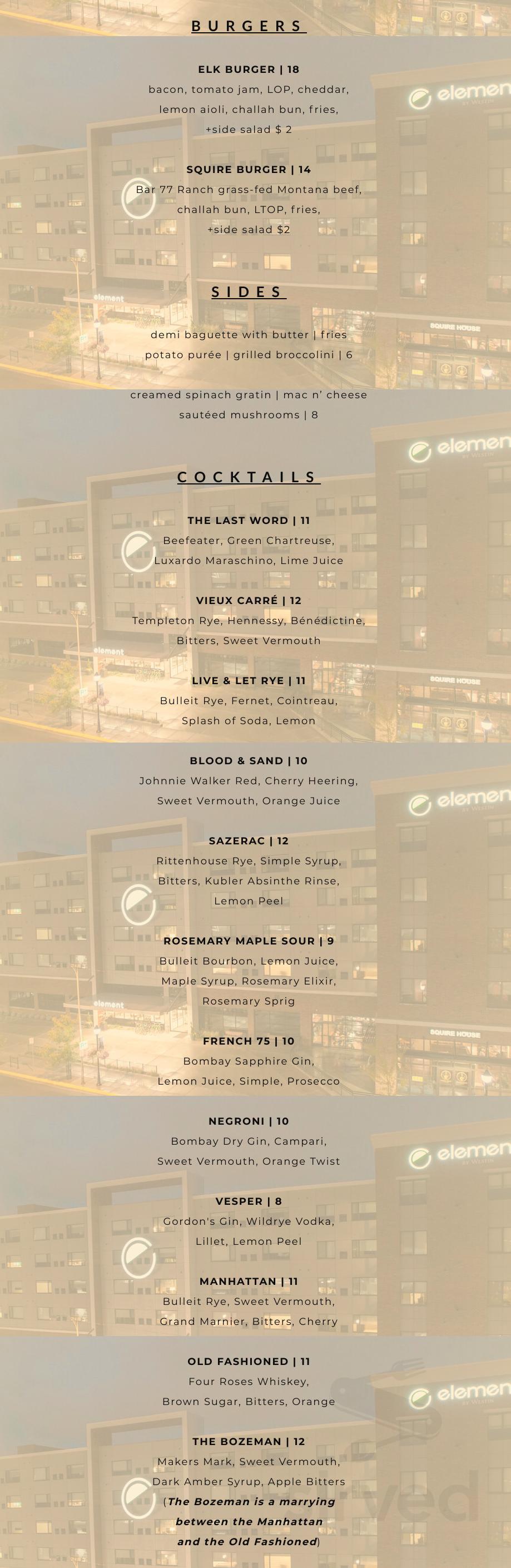 Menu - Bozeman MT's Squire House | Sirved