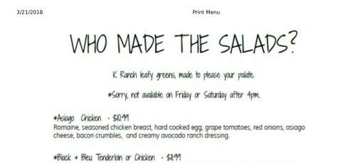Menu for Joe's “K” Ranch in Cudahy, WI | Sirved