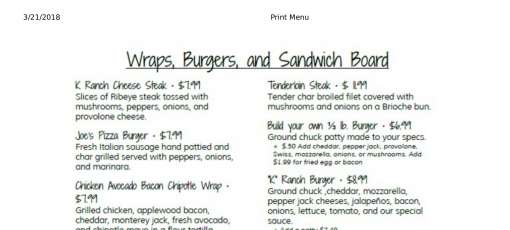 Menu for Joe's “K” Ranch in Cudahy, WI | Sirved