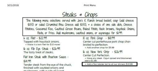 Menu for Joe's “K” Ranch in Cudahy, WI | Sirved