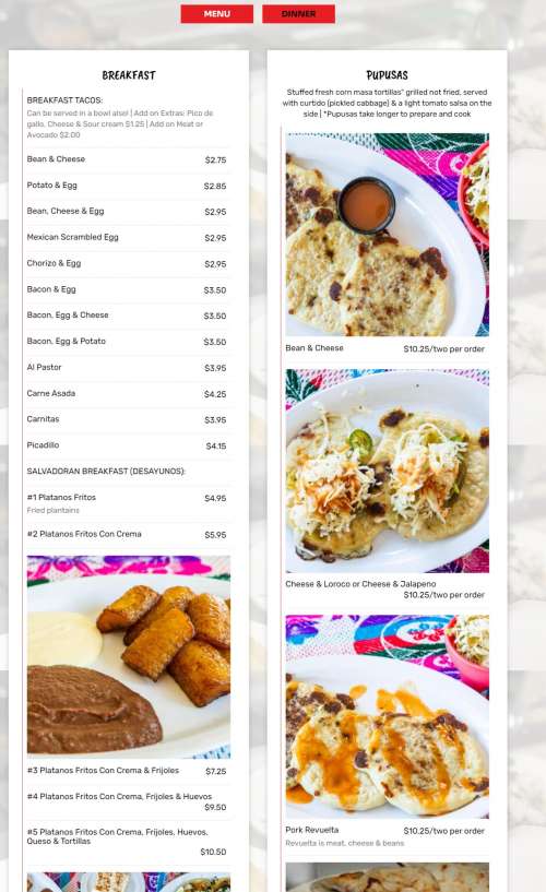 Casa Amaya Pupuseria & Taqueria menu in Boerne, Texas, USA