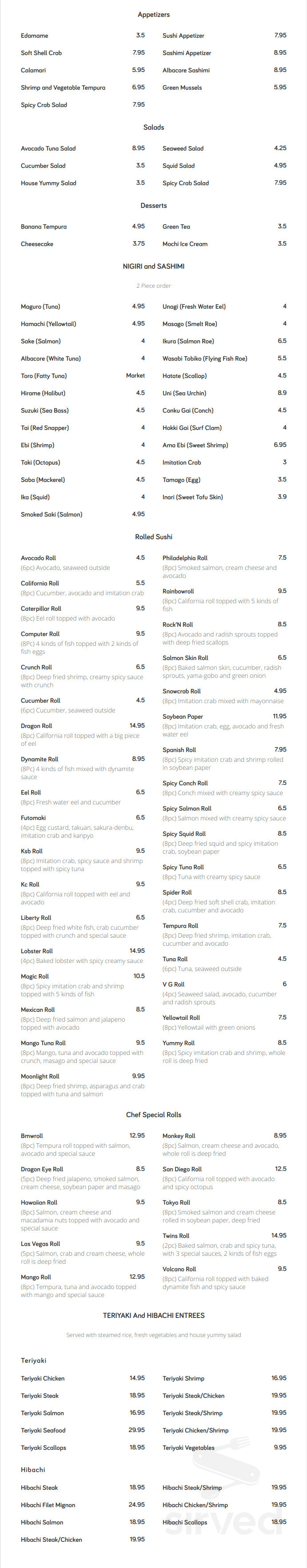 Menu for Moonlight Sushi Bar & Grill in Kansas City, MO | Sirved