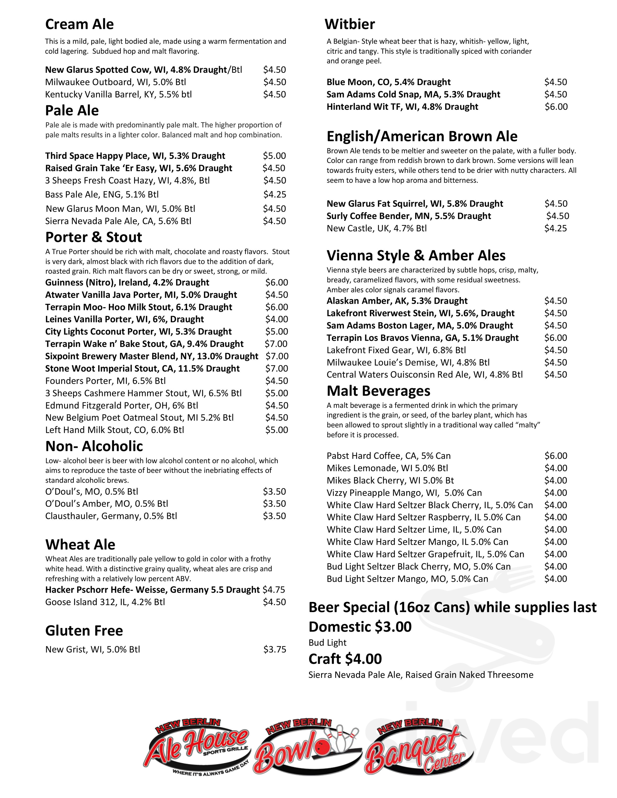 New Berlin Ale House menus in New Berlin, Wisconsin, United States