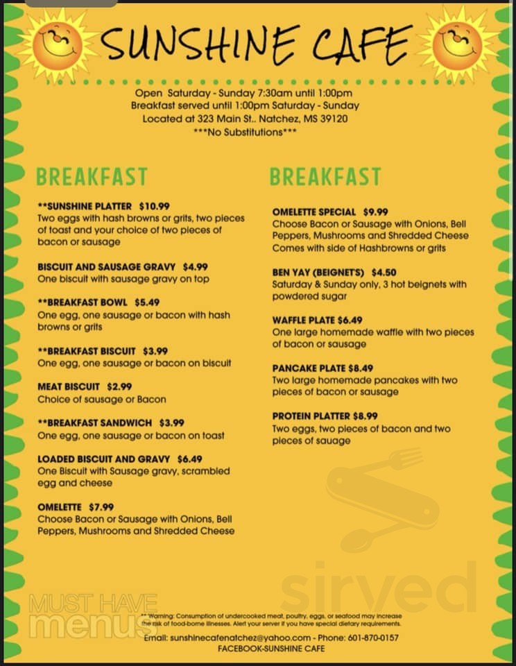 Sunshine cafe menu in Natchez, Mississippi, USA