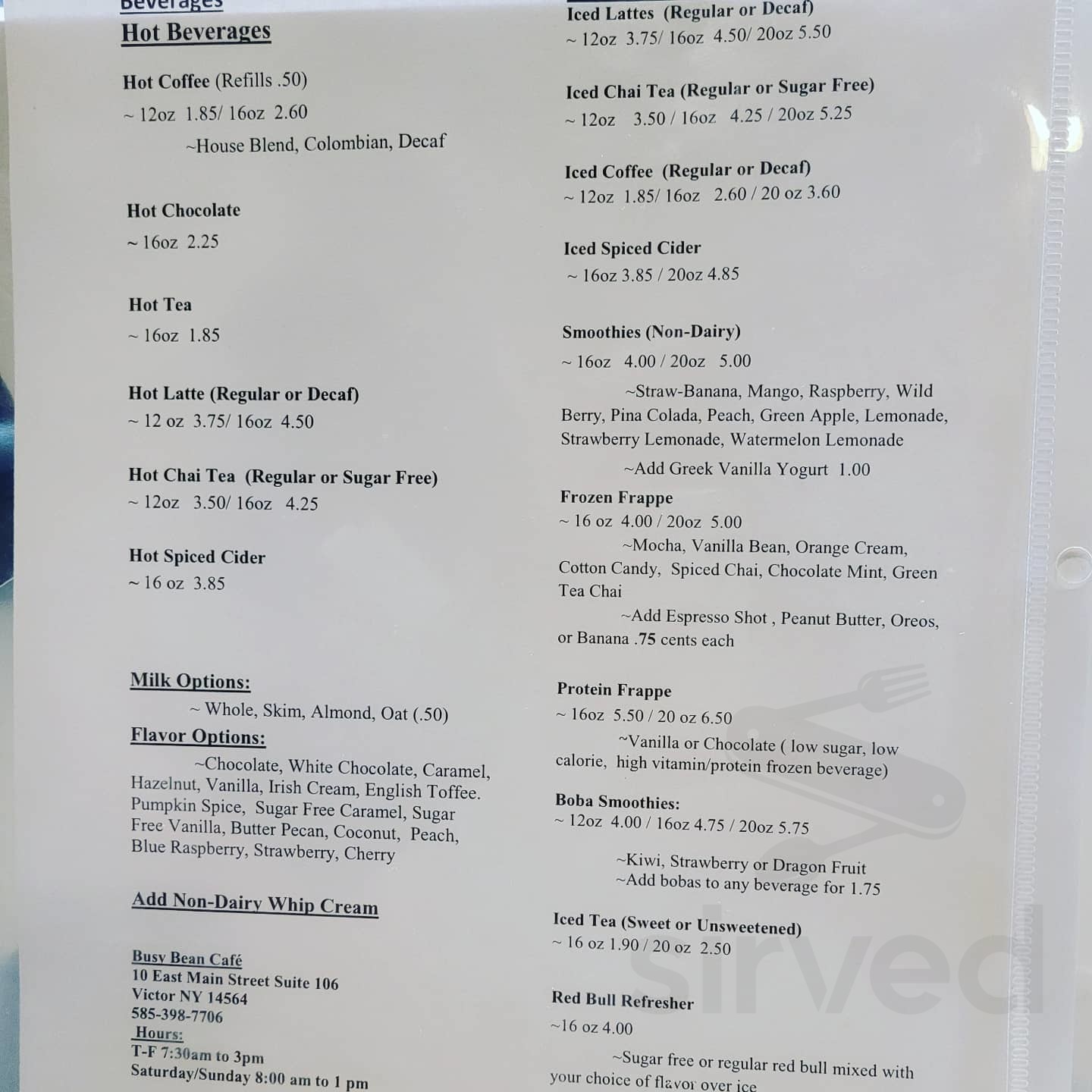 Busy Bean Cafe menus in Victor, New York, United States