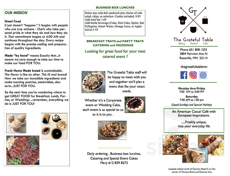The Grateful Table menu in Roseville, Minnesota, USA