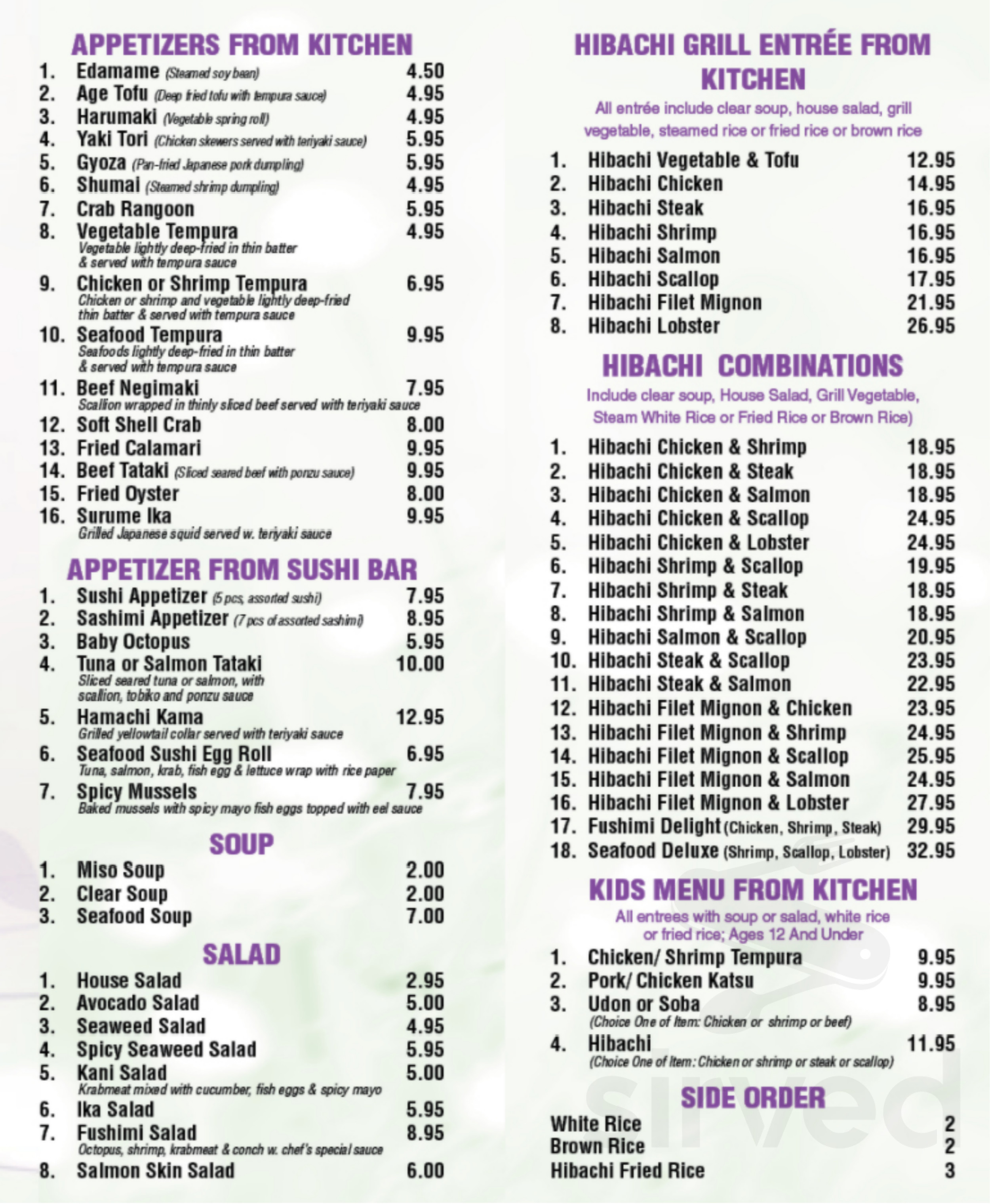 Menu - Middleburg FL's Fushimi Sushi Japanese Restaurant | Sirved
