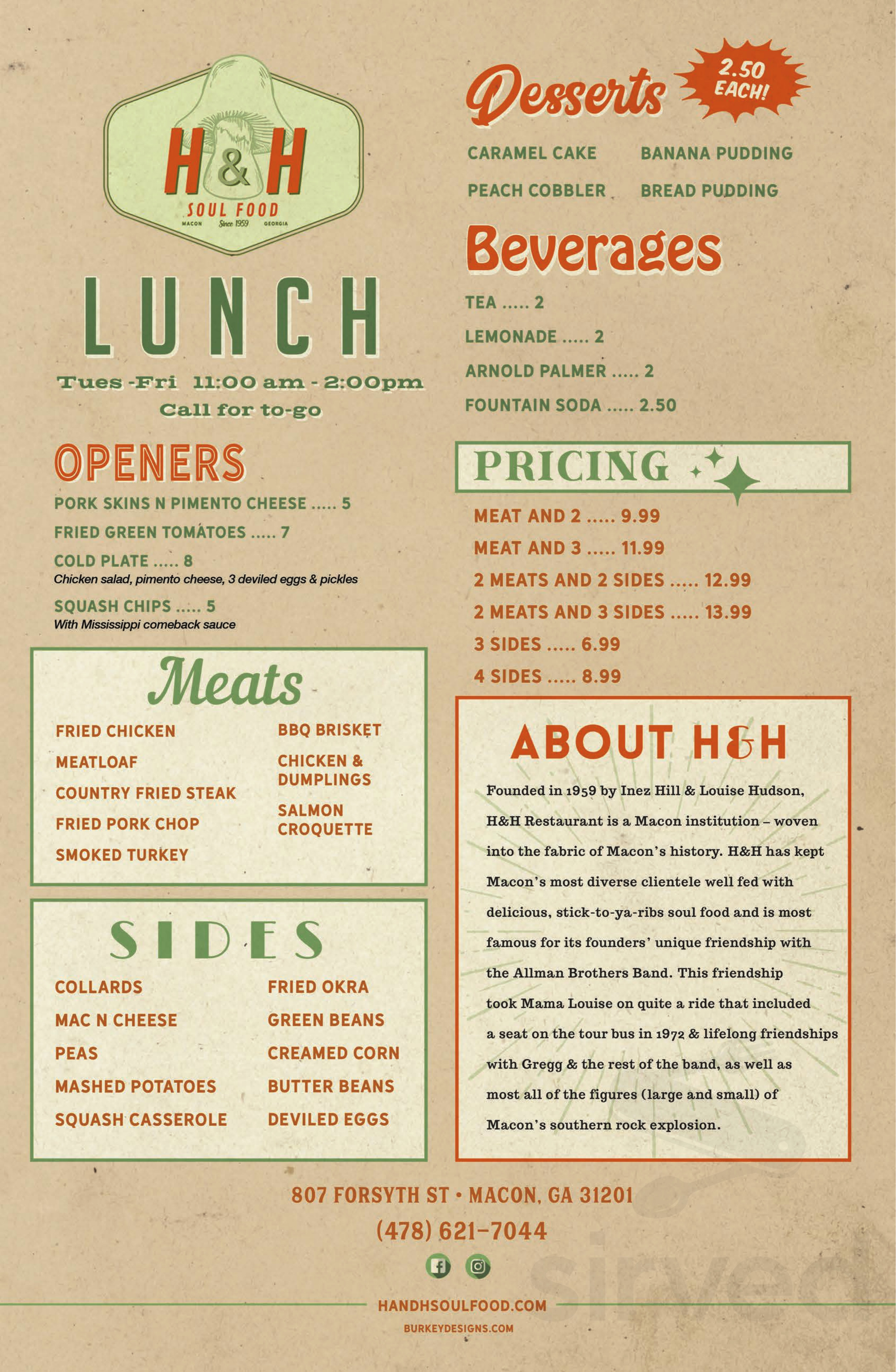 H & H menu in Macon, Georgia, USA