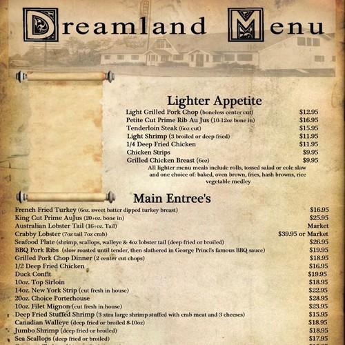 Dreamland Supper Club menu in South Range, Wisconsin, USA