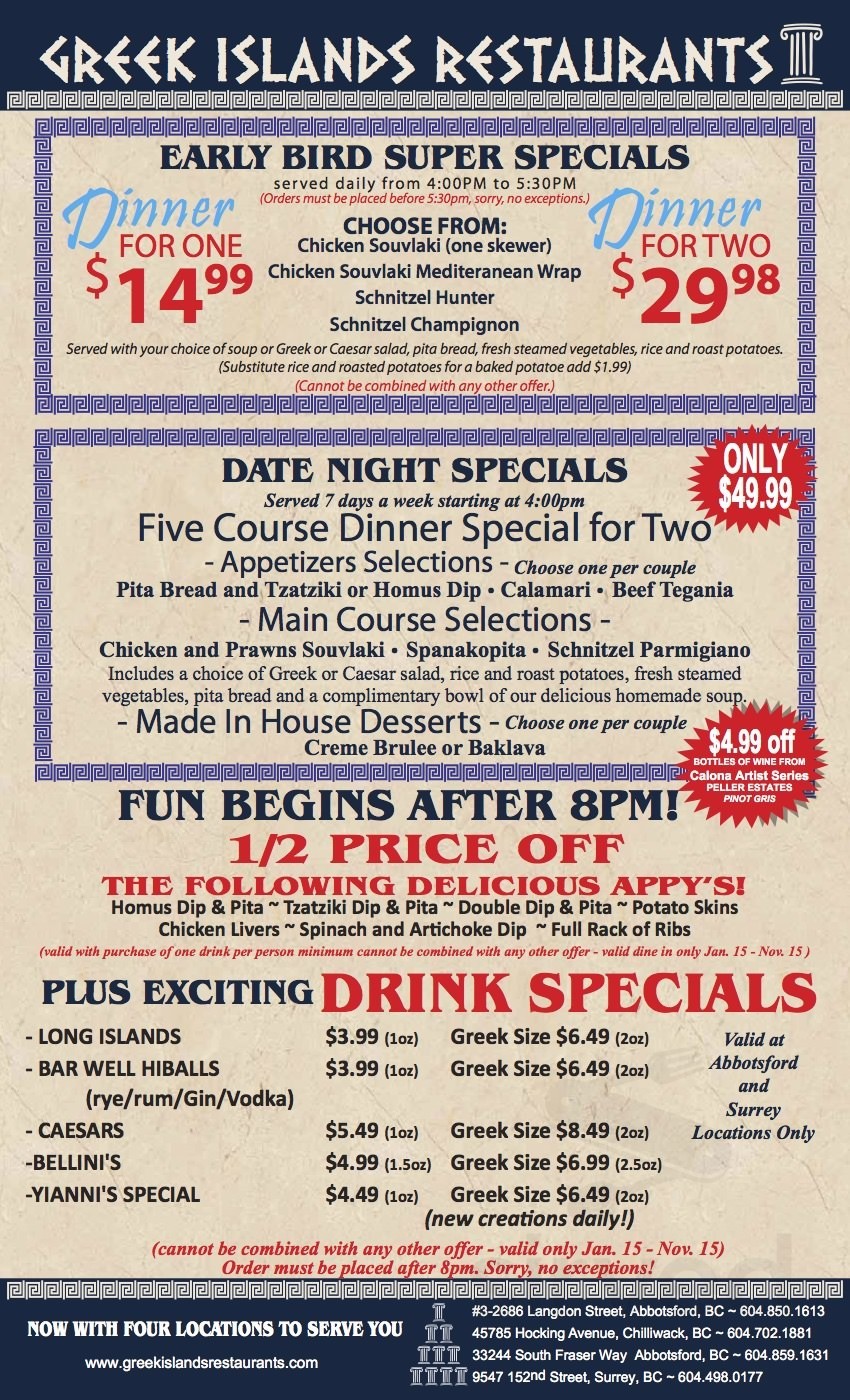 Greek Islands Restaurant menu in Abbotsford, British Columbia, Canada
