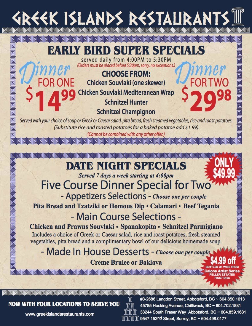 Greek Islands Restaurant menu in Abbotsford, British Columbia, Canada
