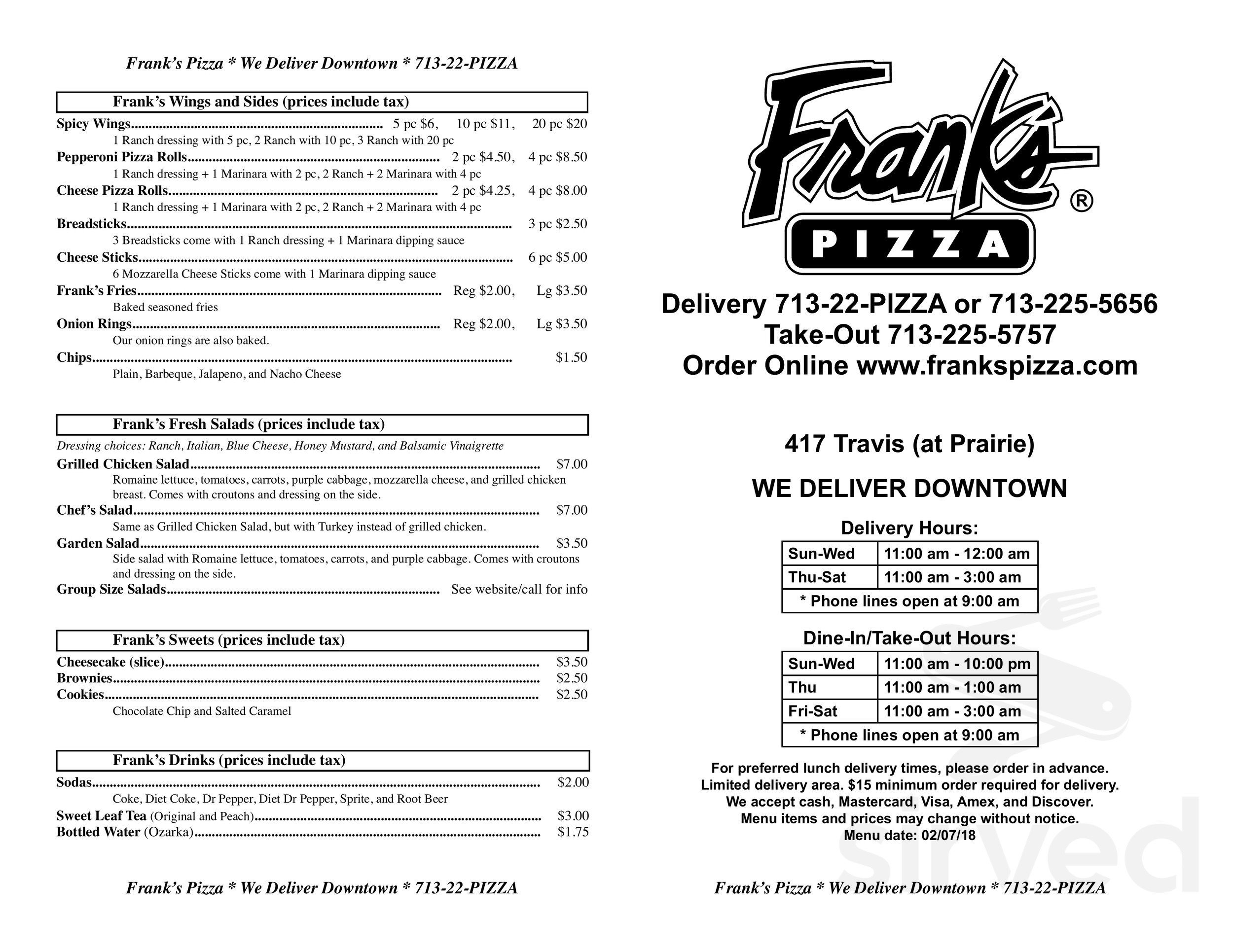 Frank's Pizza menu in Houston, Texas, USA