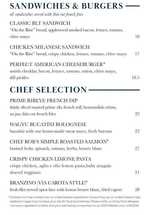 JoJo's Bar menu in Chagrin Falls, Ohio, USA