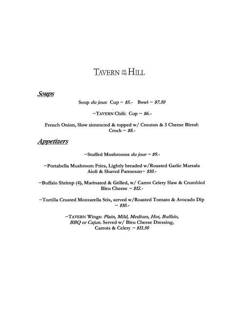 TAVERN ON THE HILL menu in Philadelphia, Pennsylvania, USA