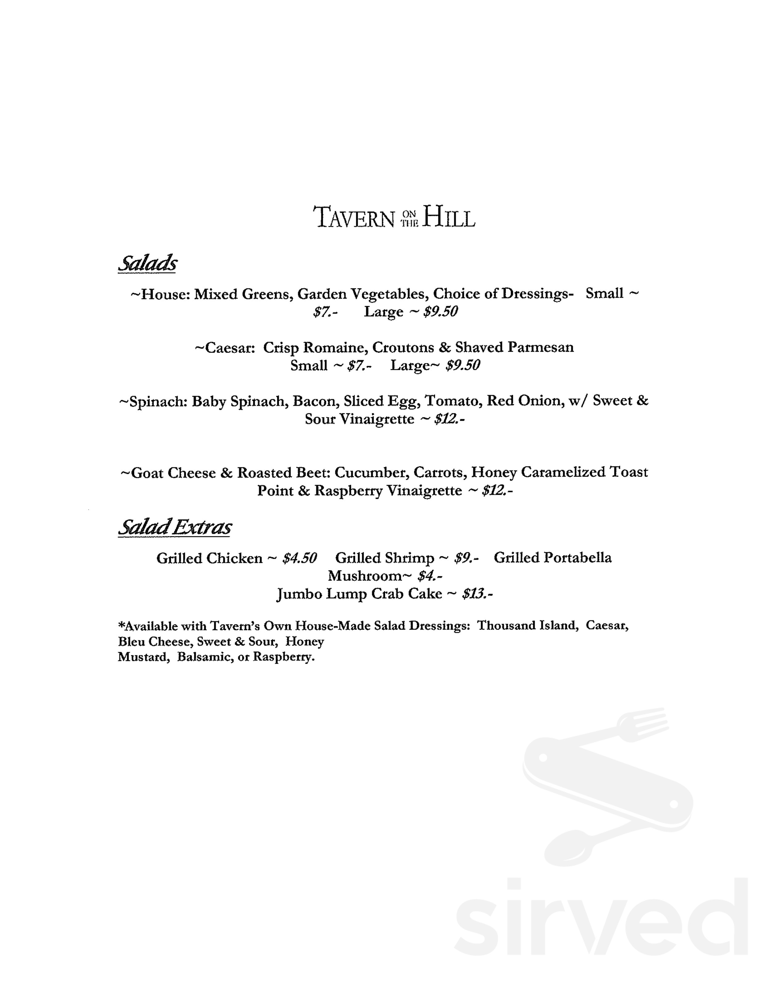 TAVERN ON THE HILL menu in Philadelphia, Pennsylvania, USA