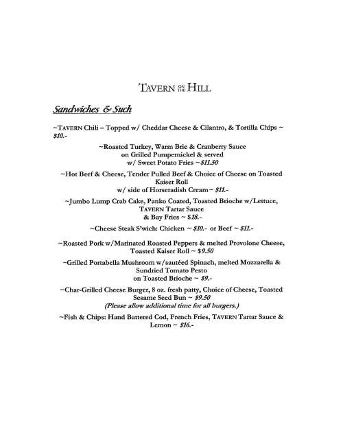 TAVERN ON THE HILL menu in Philadelphia, Pennsylvania, USA