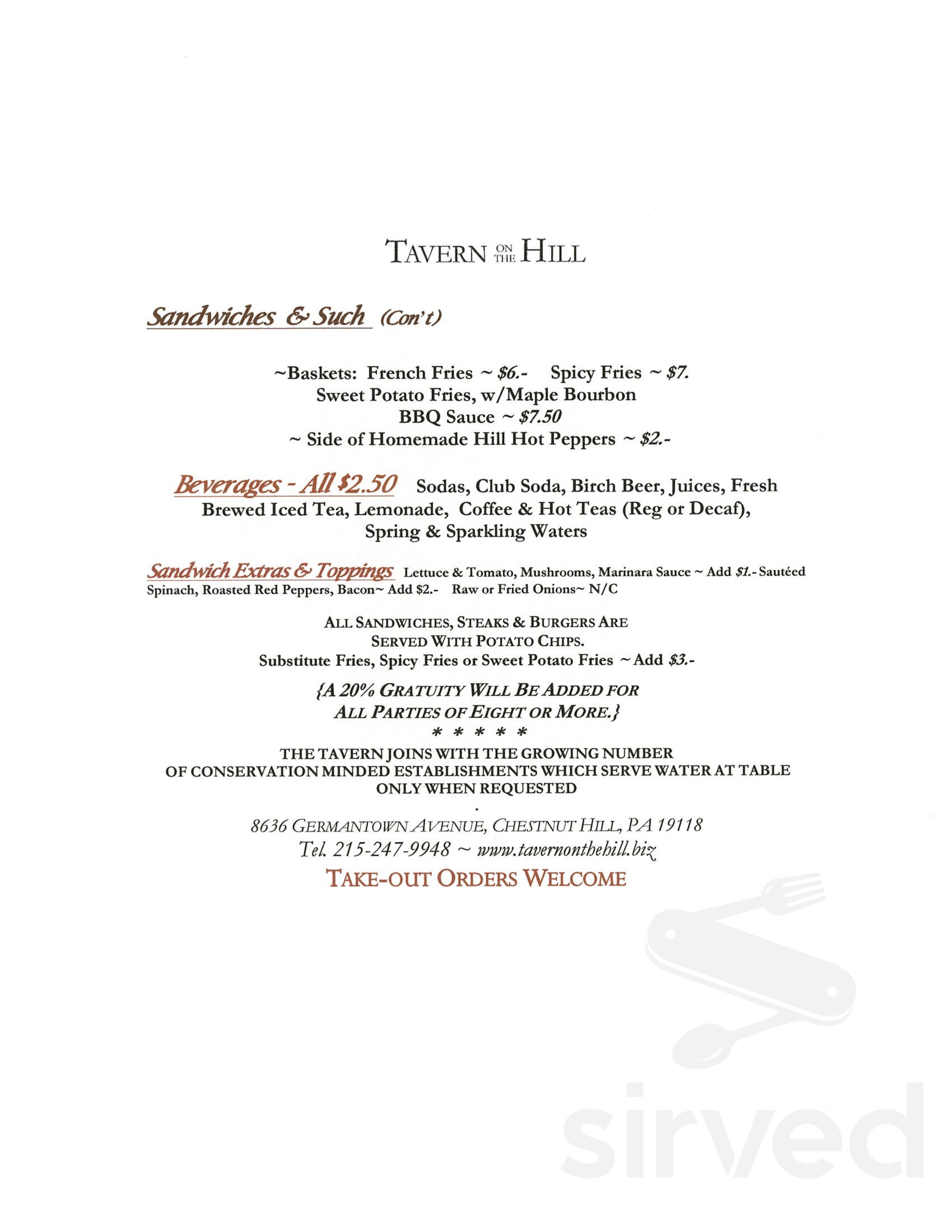 TAVERN ON THE HILL menu in Philadelphia, Pennsylvania, USA