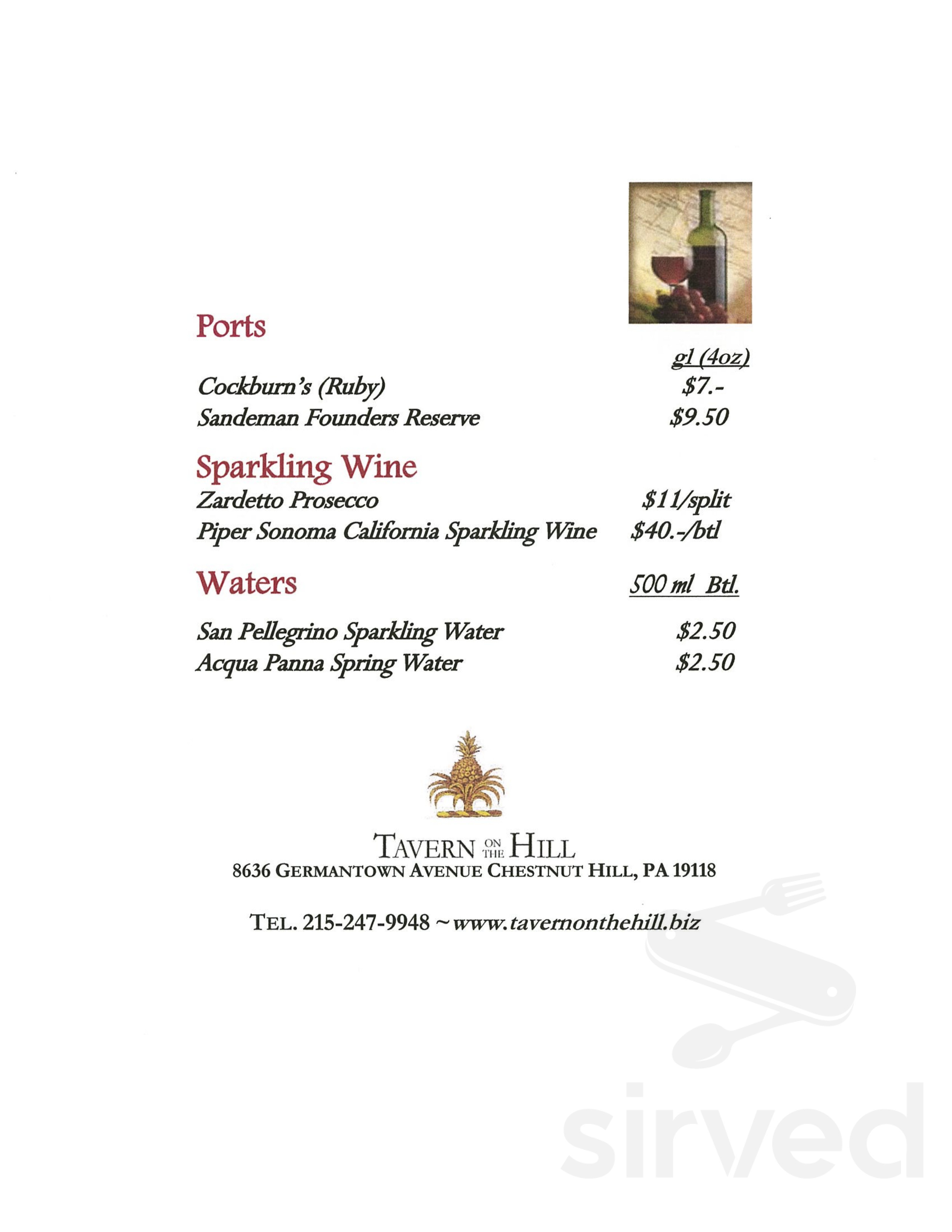 TAVERN ON THE HILL menu in Philadelphia, Pennsylvania, USA