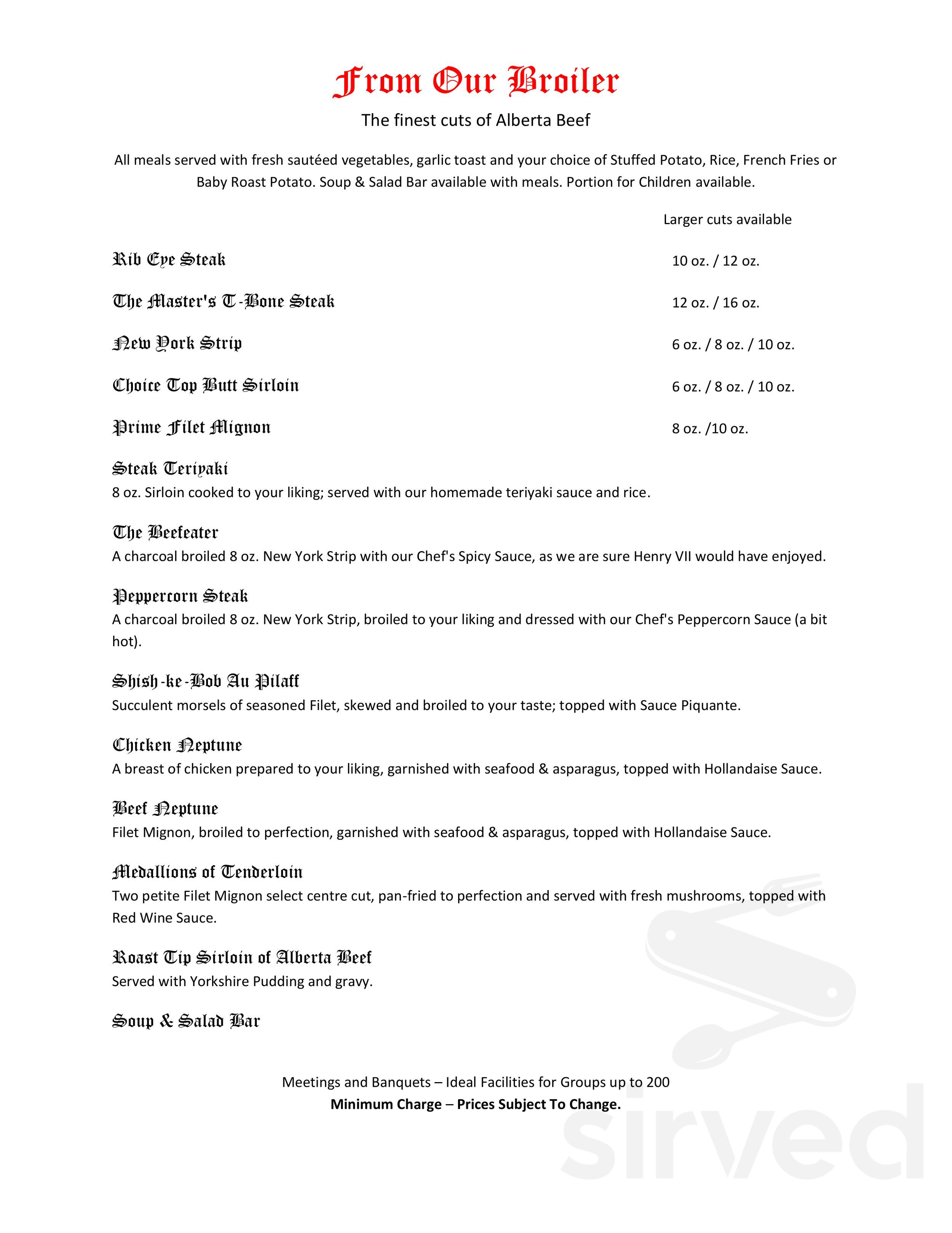 The Beefeater Steakhouse menu in Medicine Hat, Alberta, Canada