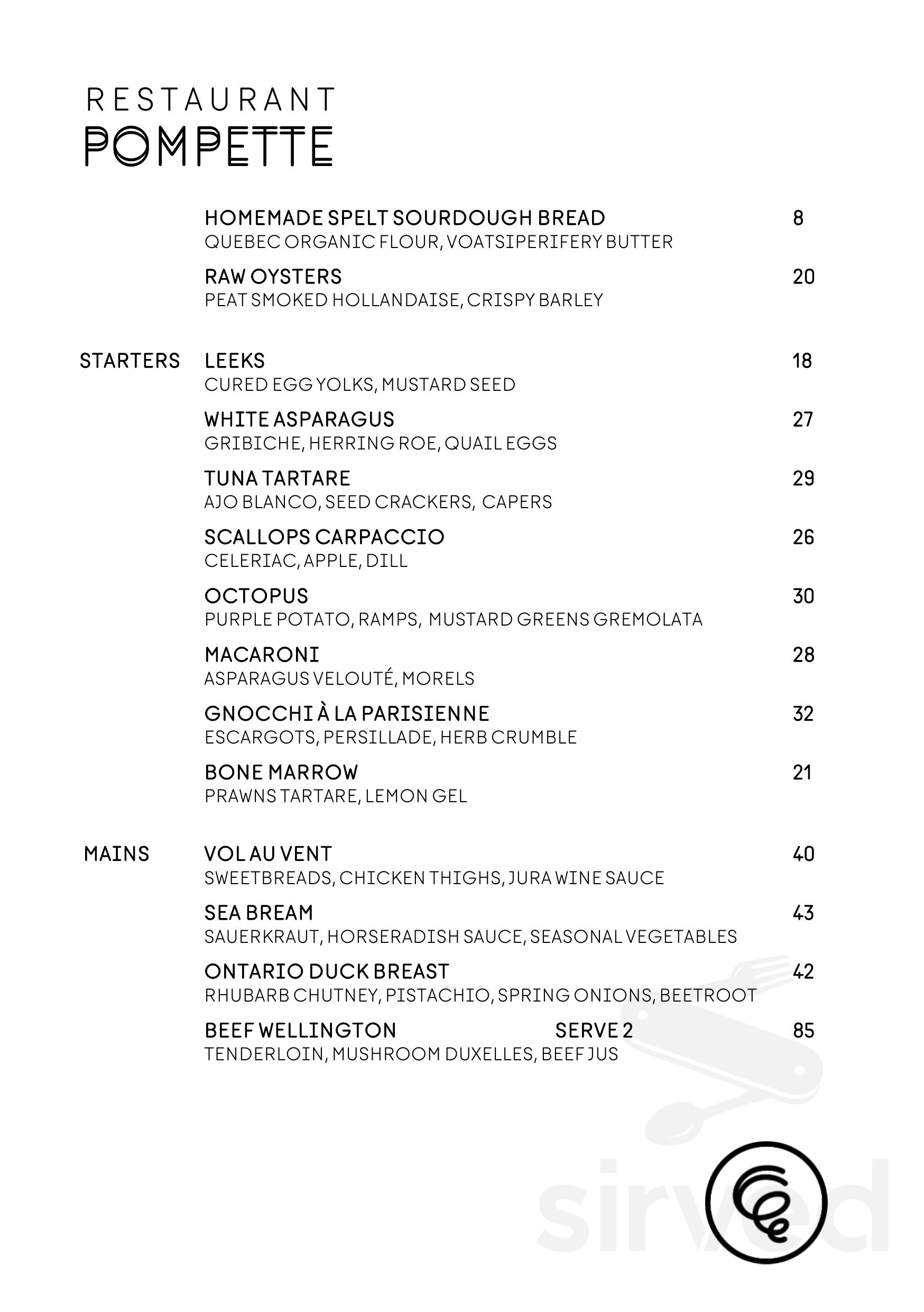 Menu for Bar Pompette in Toronto, ON | Sirved