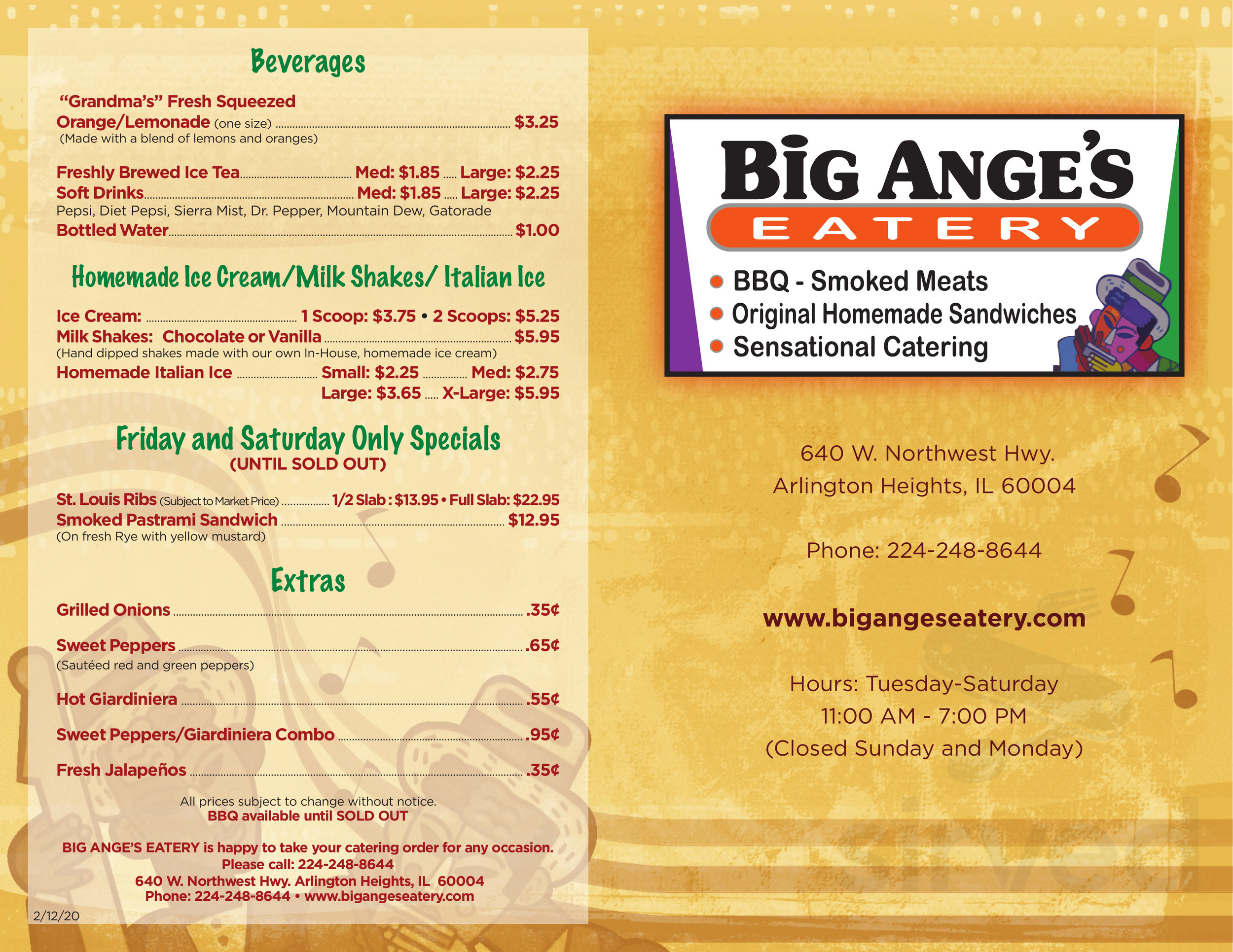 Menu for Big Ange's Eatery in Arlington Heights, IL | Sirved