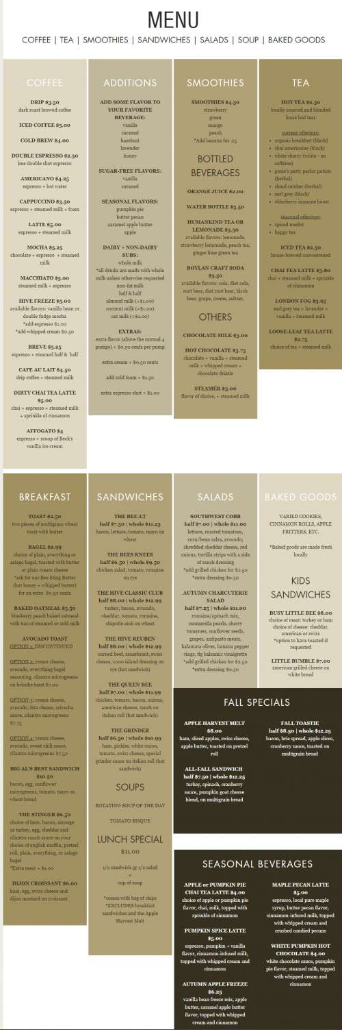 The Hive Coffee House and Cafe menu in York, Pennsylvania, USA