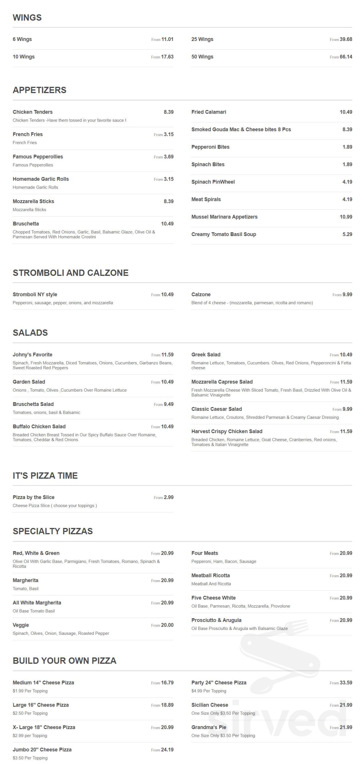 Menu - Miami FL's Pizza Johny's NY style Pizza | Sirved
