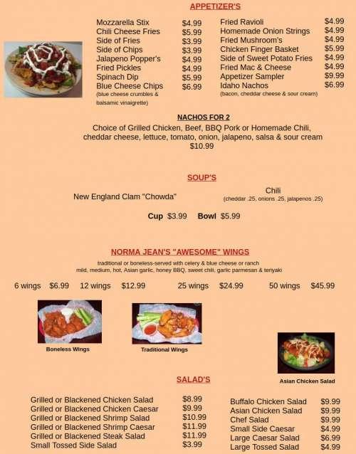 Norma Jean's Sports Bar & Grill Room menu in Venice, Florida, USA